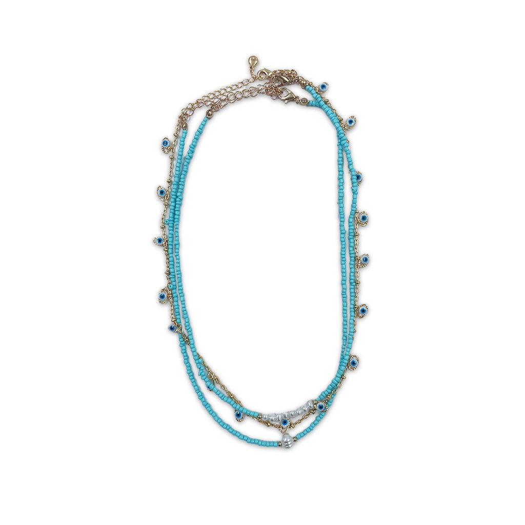 NECKLACE MULTI AQUA BEAD & PEARLS WITH GOLD EVIL EYE CHAIN – NIKKI'S ...
